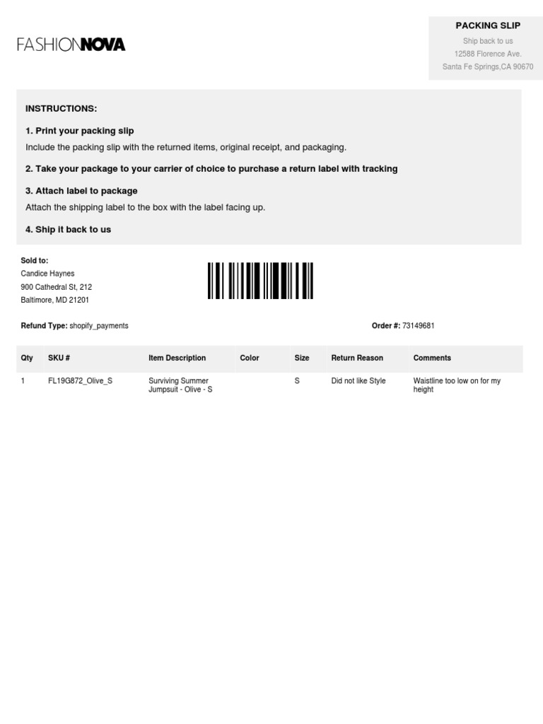 Fashion Nova Return Instructions | PDF