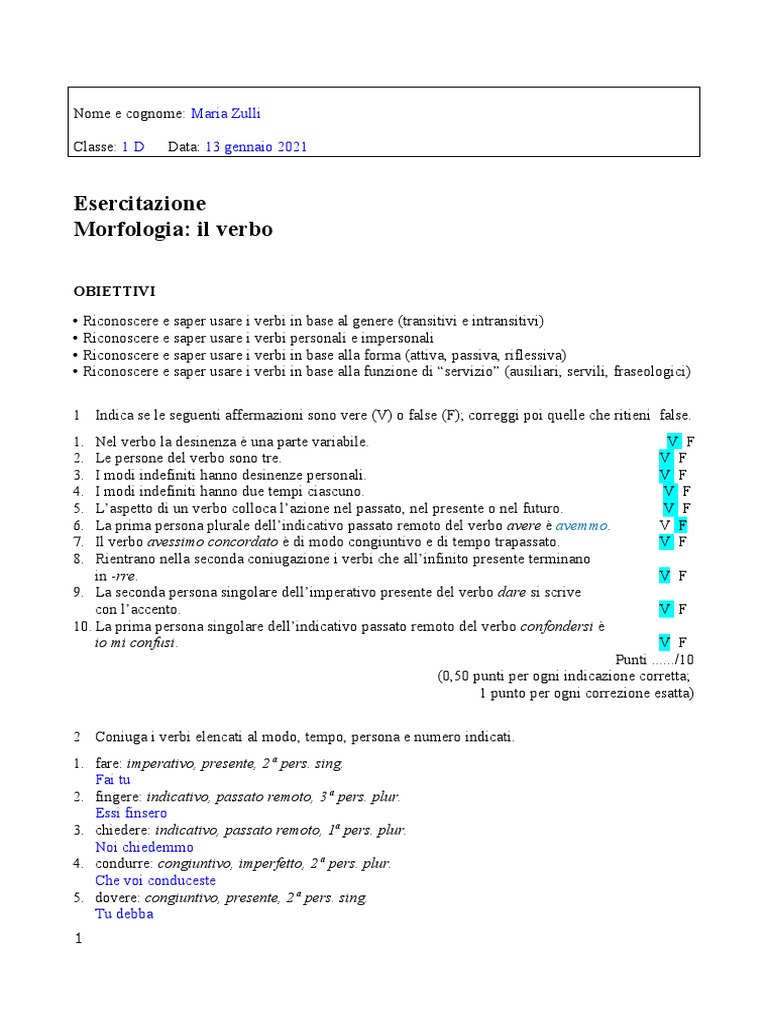 Esercitazione IL VERBO | PDF