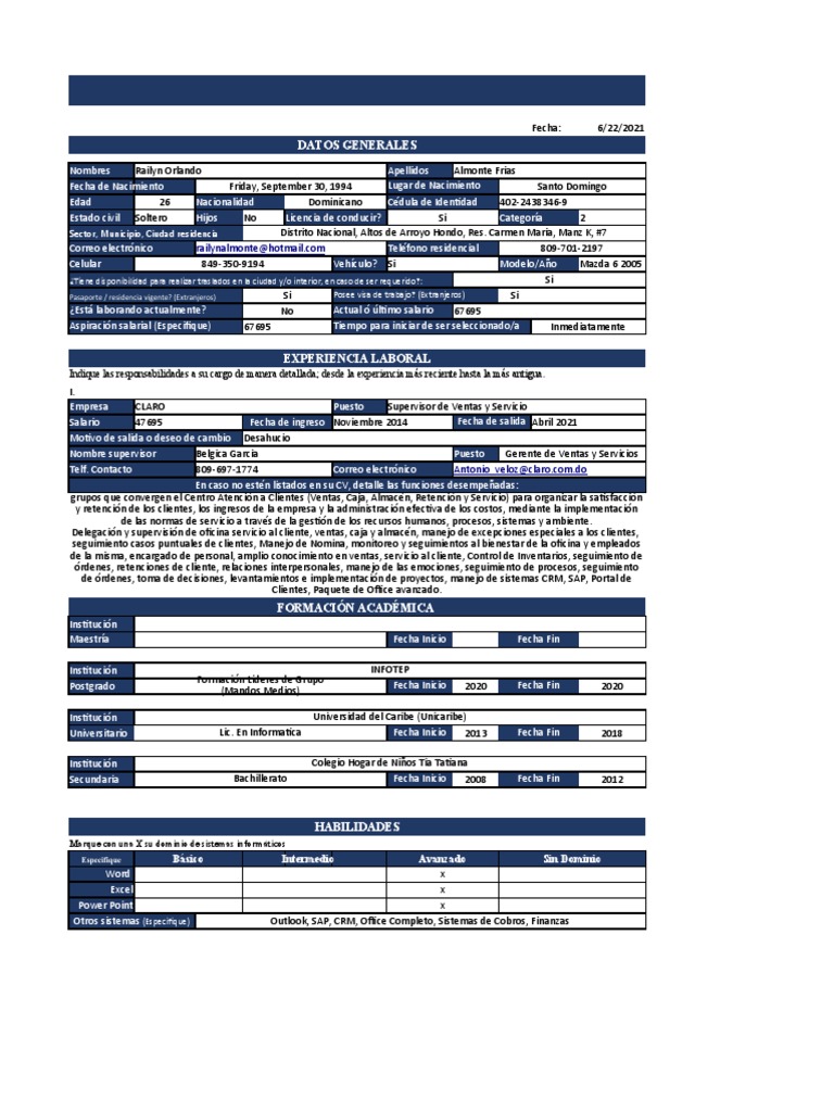 Formulario Solicitud de Empleo - R1 | PDF | Gestión de la relación con ...