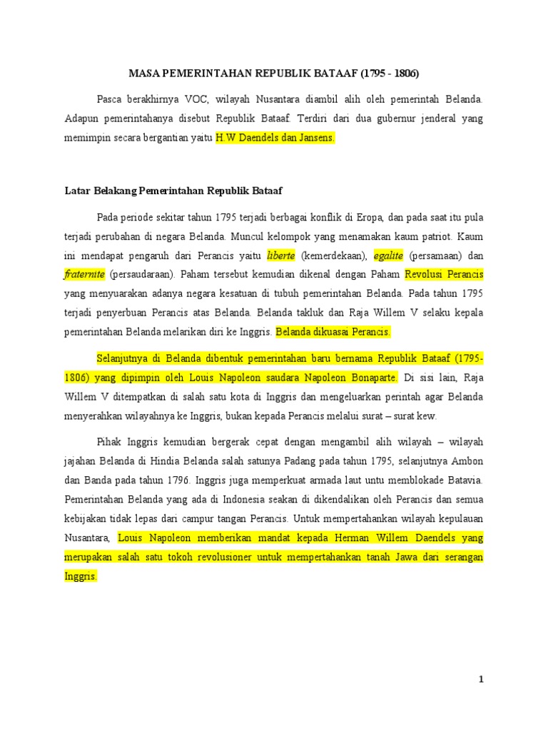 Masa Pemerintahan Republik Bataaf | PDF | Klasik