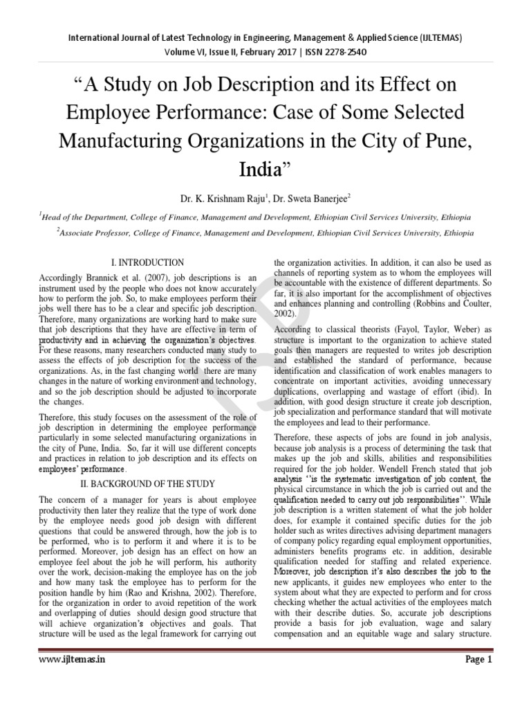 A Study On Job Description and Its Effec | PDF | Performance Appraisal ...