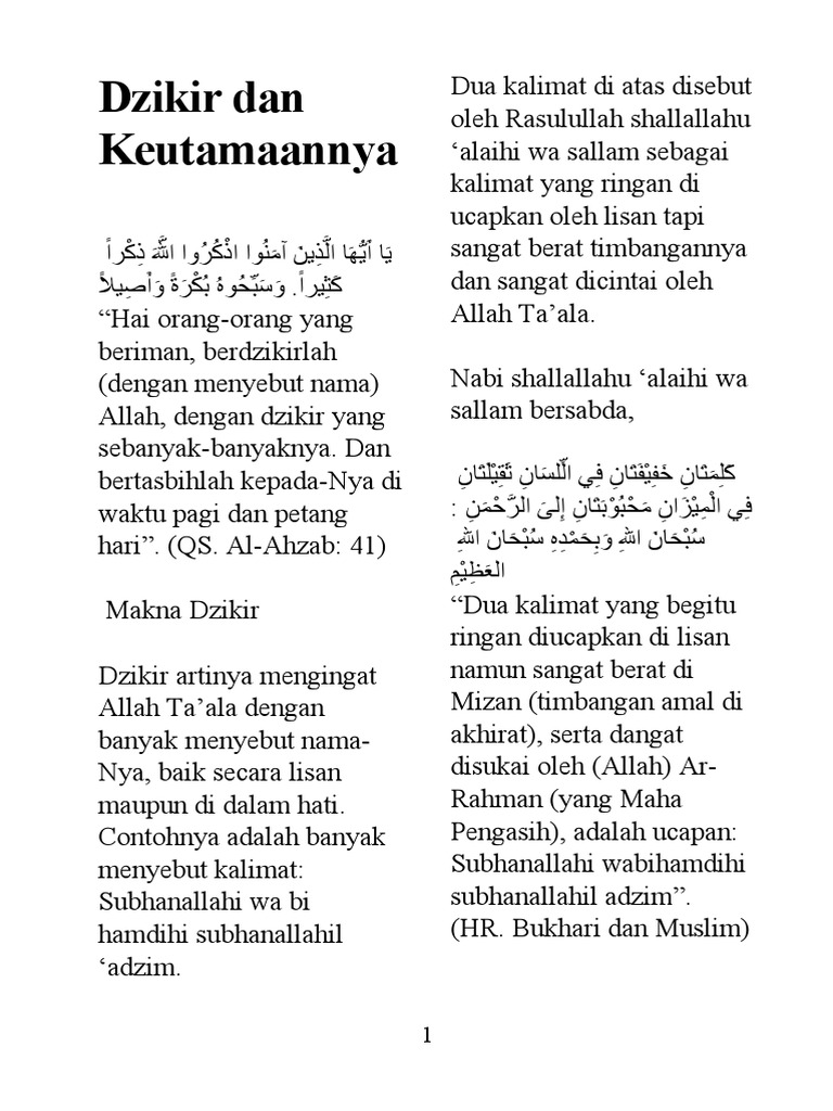 Materi Dzikir Dan Keutamaannya | PDF