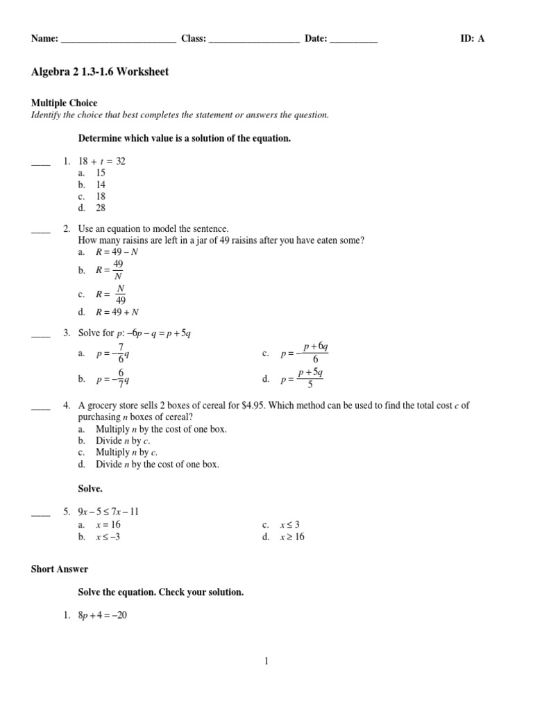 Algebra 2 1.3-1.6 Worksheet | PDF | Equations | Applied Mathematics