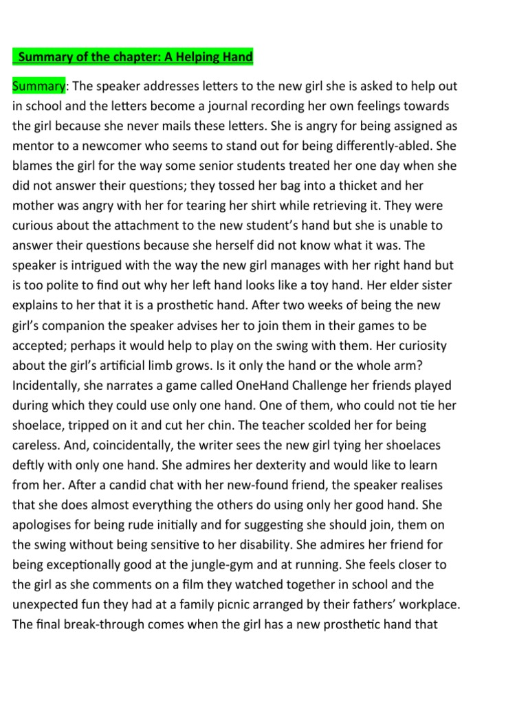Summary of The Chapter: A Helping Hand | PDF