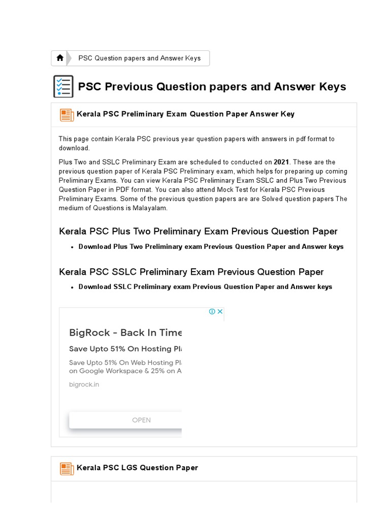 Kerala PSC Previous Question Papers and Answer Keys | PDF