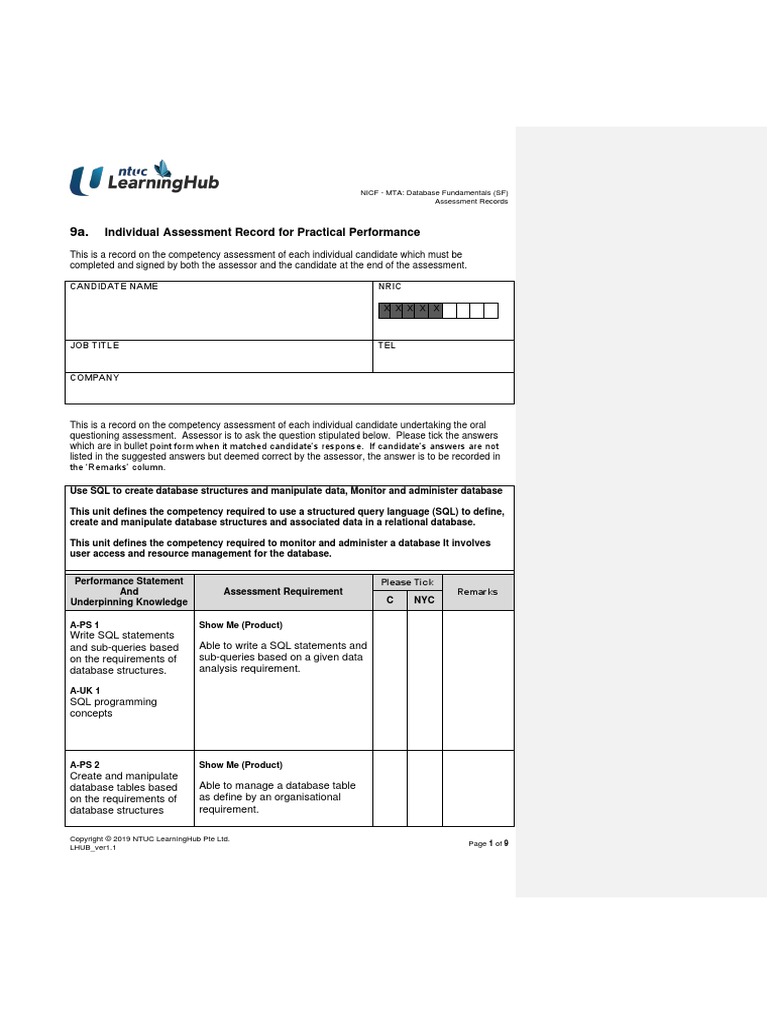 Individual Assessment Record For Practical Performance: NICF - MTA: Database Fundamentals (SF ...