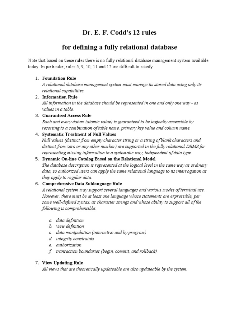 Dr. E. F. Codd's 12 Rules For Defining A Fully Relational Database | Download Free PDF ...