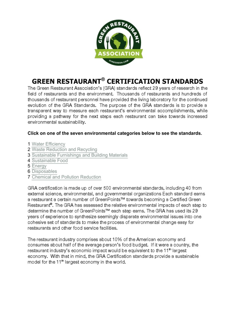 Green Restaurant Certification Standards | PDF | Refrigerator | Water ...