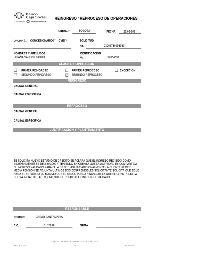 F Reingreso Reproceso de Operaciones ECRE-020. | PDF