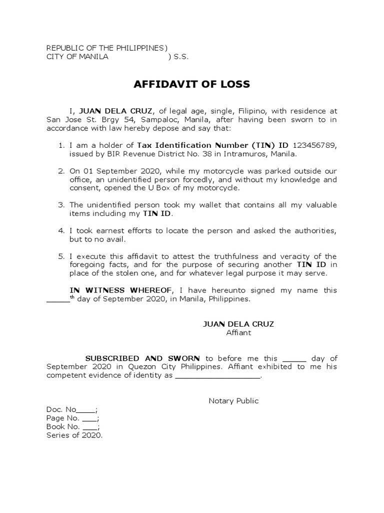 Sample Affidavit of Loss TIN ID | PDF