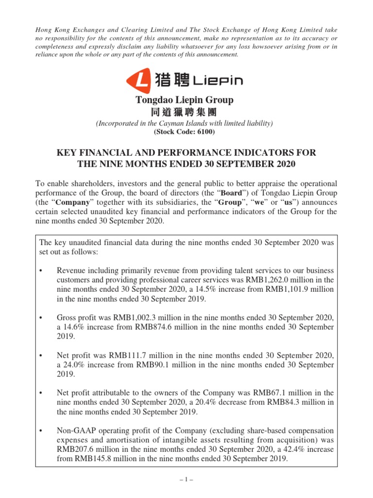 Key Financial and Performance Indicators For The Nine Months Ended 30 ...