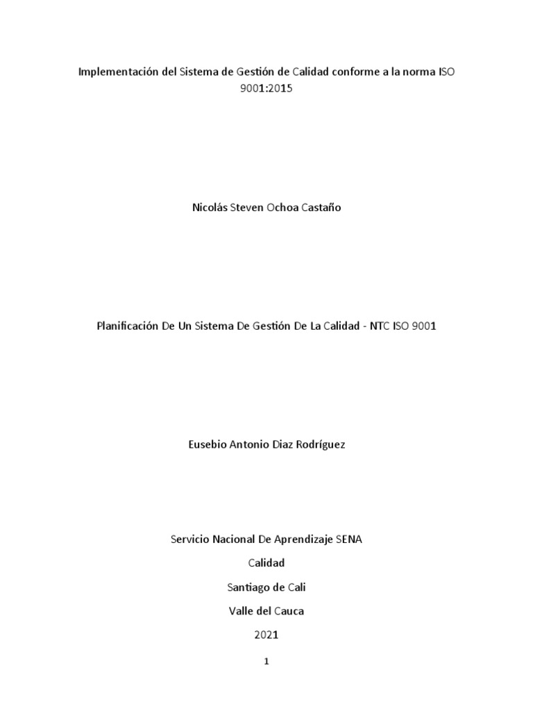 Implementación Del Sistema de Gestión de Calidad Conforme A La Norma ISO 9001 | PDF | Calidad ...