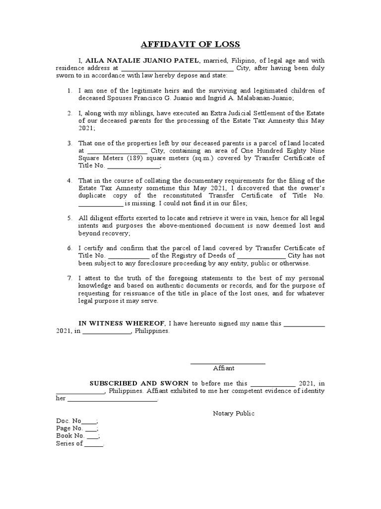 AFFIDAVIT OF LOSS Title | PDF | Affidavit | Civil Law (Common Law)