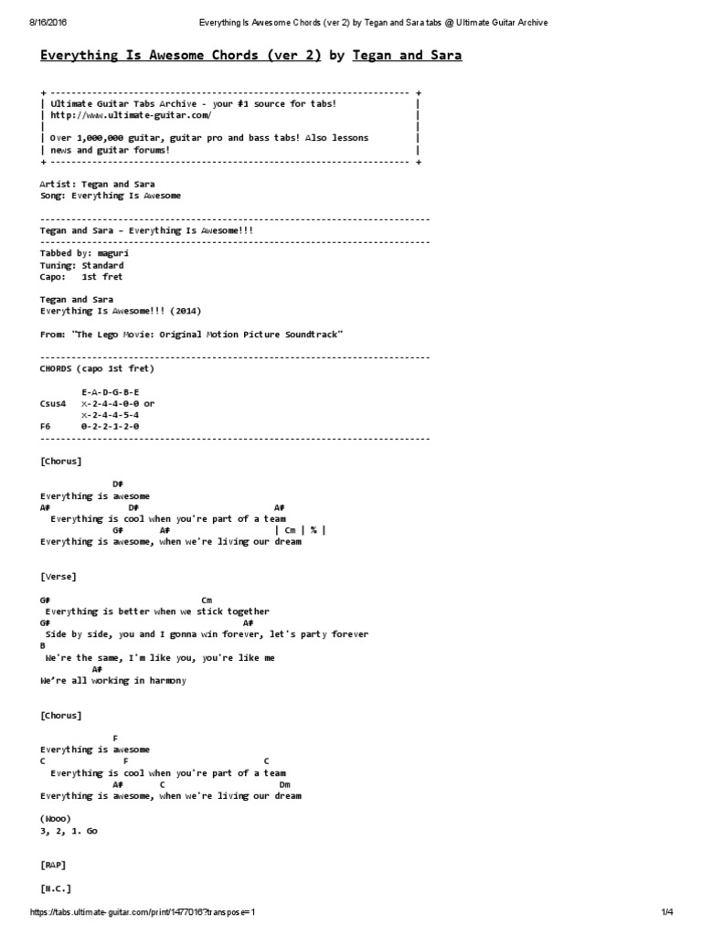 Aaaaa PIANO Everything Is Awesome Chords (Ver 2) by Tegan and Sara Tabs ...