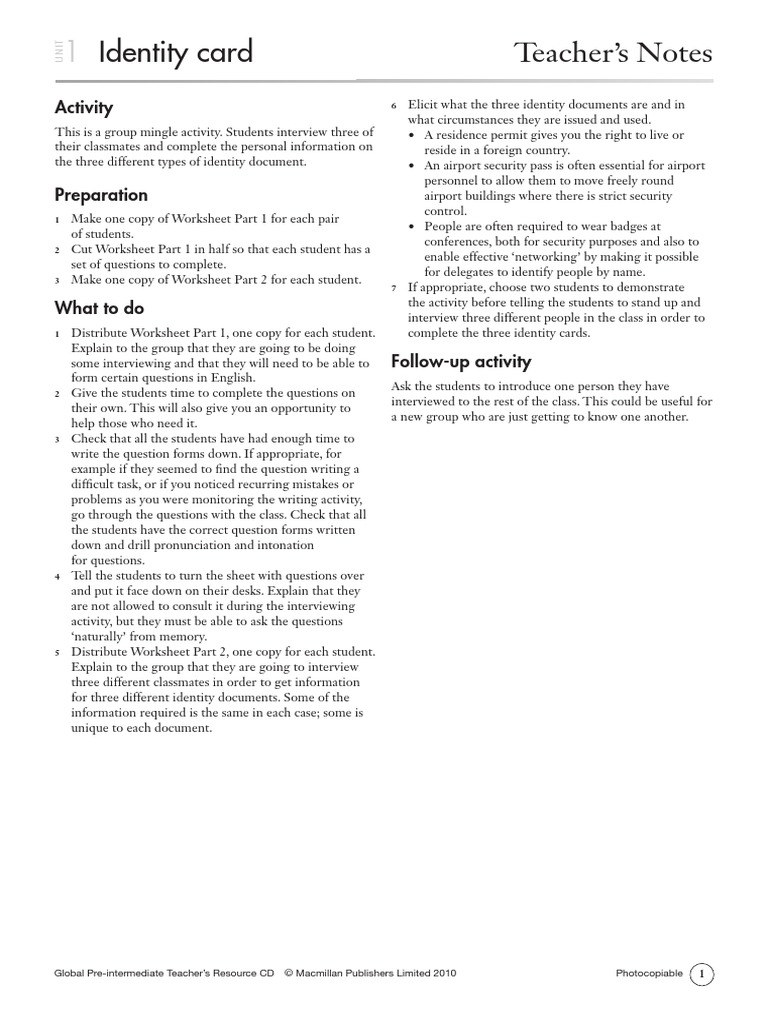 Identity Card Teacher's Notes: Activity | PDF | Worksheet | Identity ...