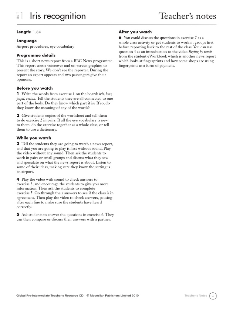 Iris Recognition Teacher's Notes: Pupil, Retina. Tell The Students They ...
