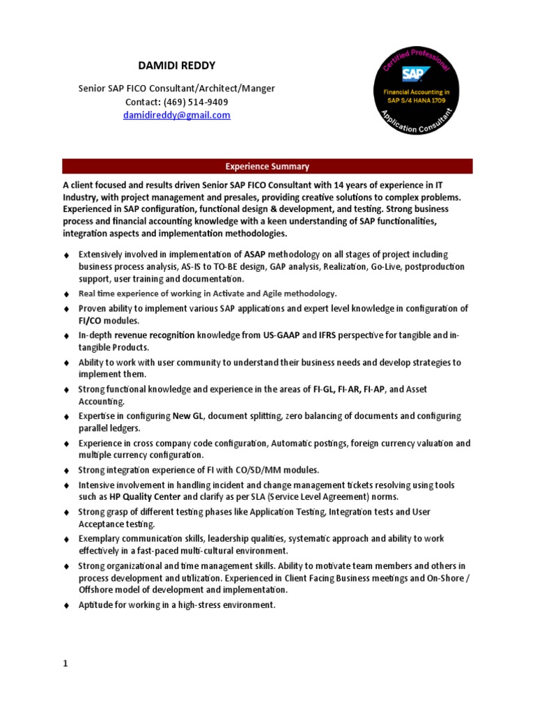 Damidi Reddy: Senior SAP FICO Consultant/Architect/Manger Contact: (469 ...