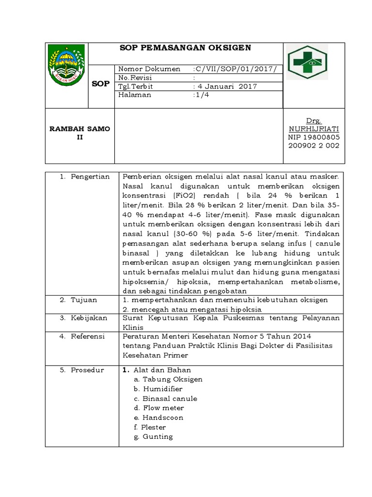 Sop Pemasangan Oksigen | PDF