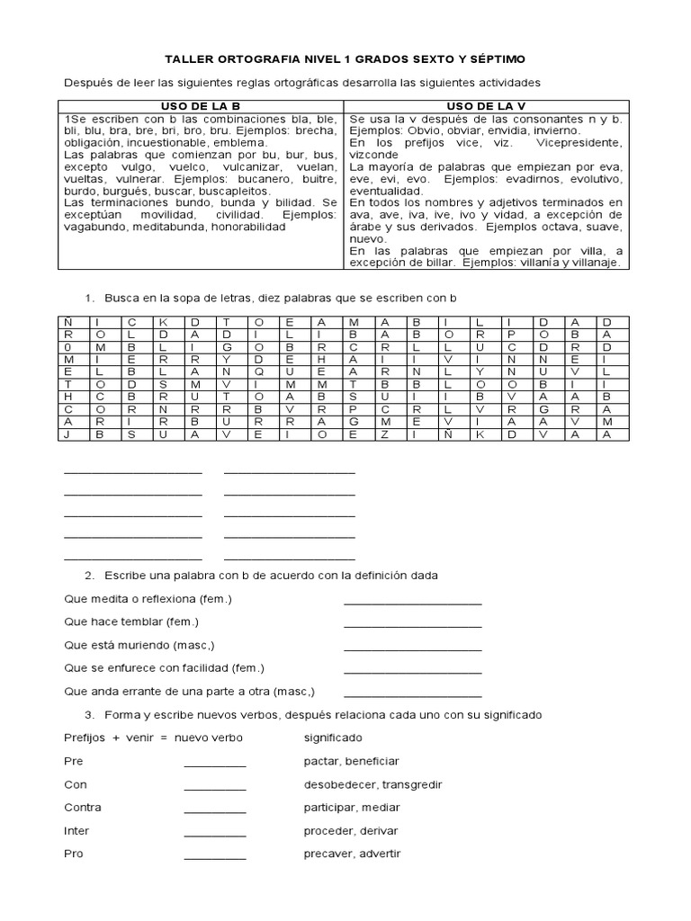 Taller Ortografia Nivel 1 Grados Sexto y Séptimo | PDF | Morfología ...