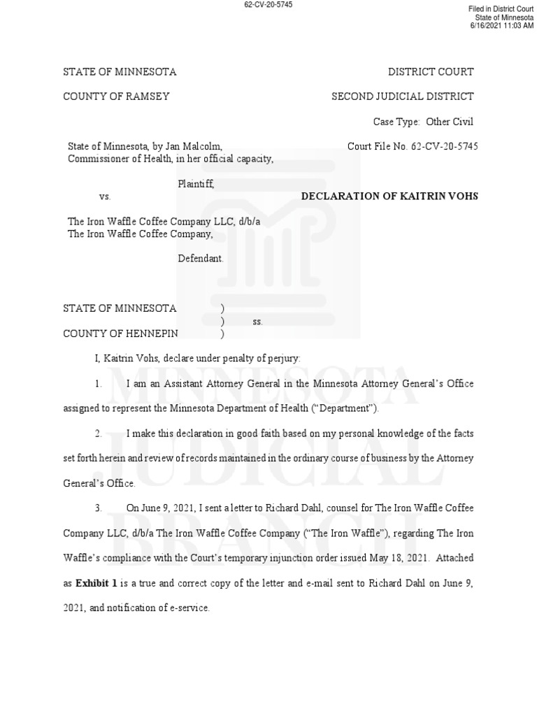 Declaration of Assistant Attorney General Kaitrin Vohs - 62-CV-20-5745 ...