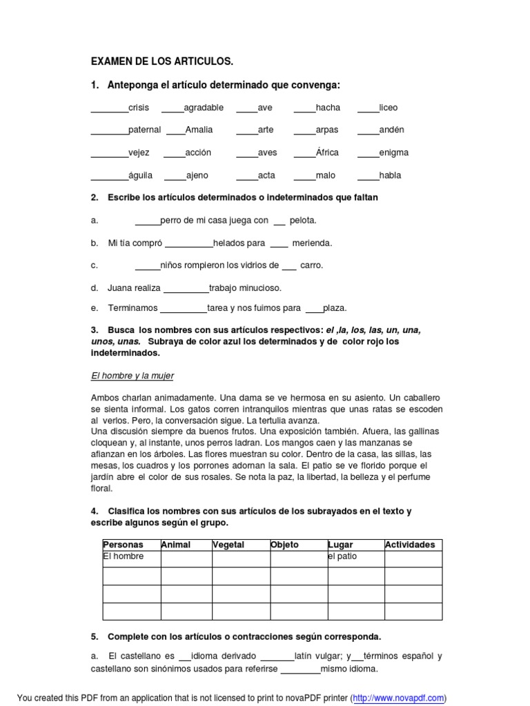 Examen de Artículos en Castellano | PDF | Naturaleza