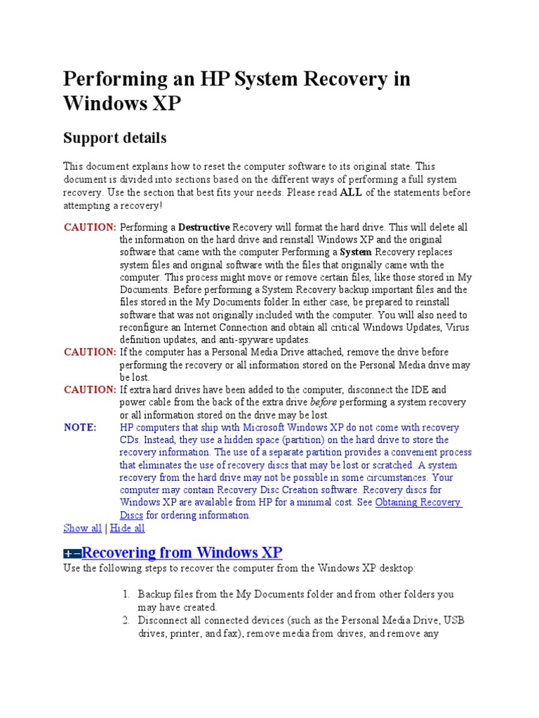 HP System Recovery Guide XP | PDF | Computer File | Personal Computers