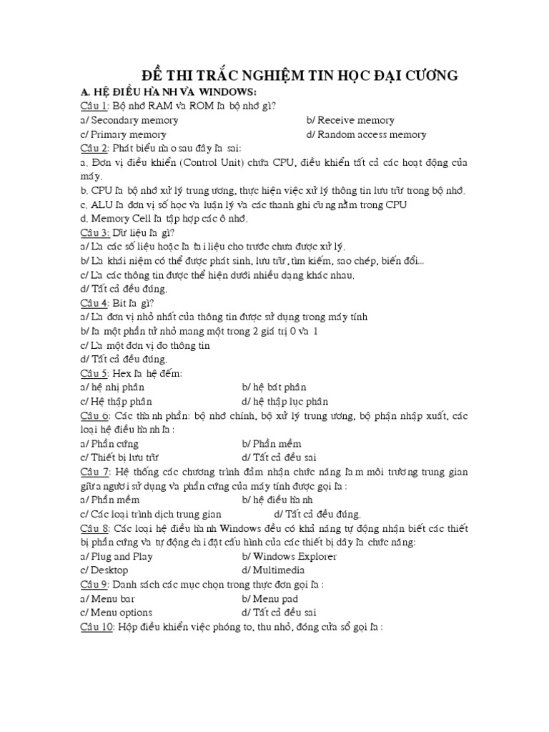 Trac Nghiem Tin Hoc Dai Cuong | PDF
