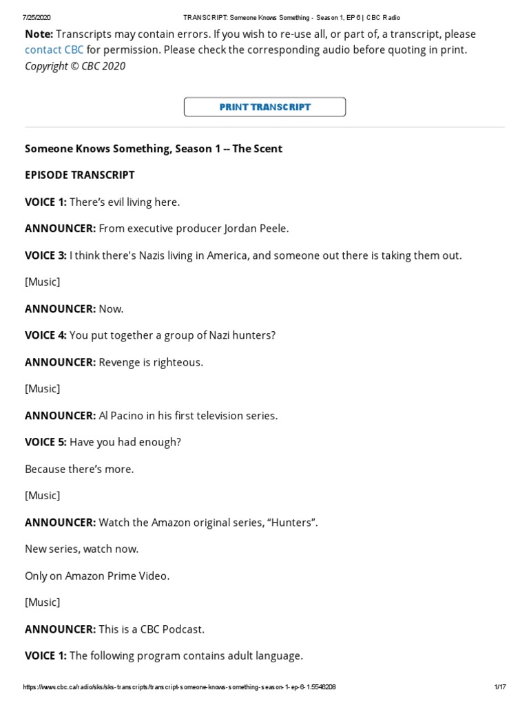 Transcript Someone Knows Something Season 1 Ep 6 CBC Radio | PDF ...