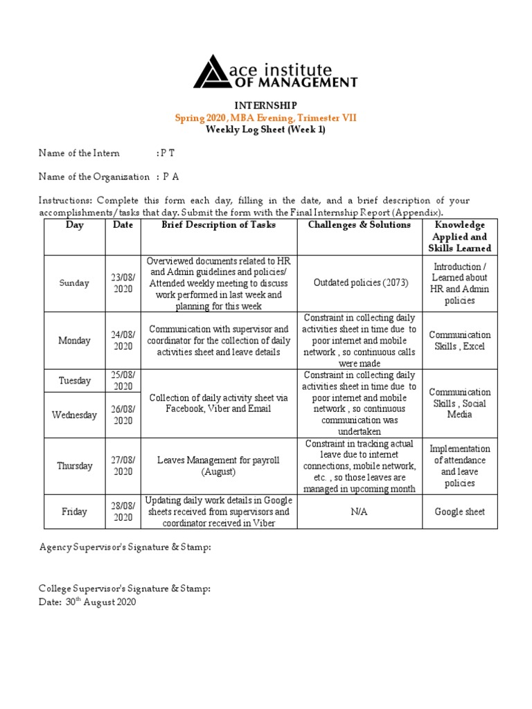 Internship Weekly Log Sheet (Week 1) : Spring 2020, MBA Evening ...