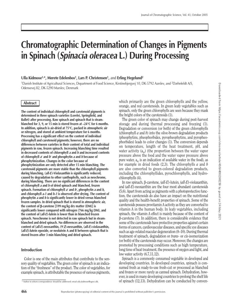 Chromatographic Determination of Changes in Pigments in Spinach ...