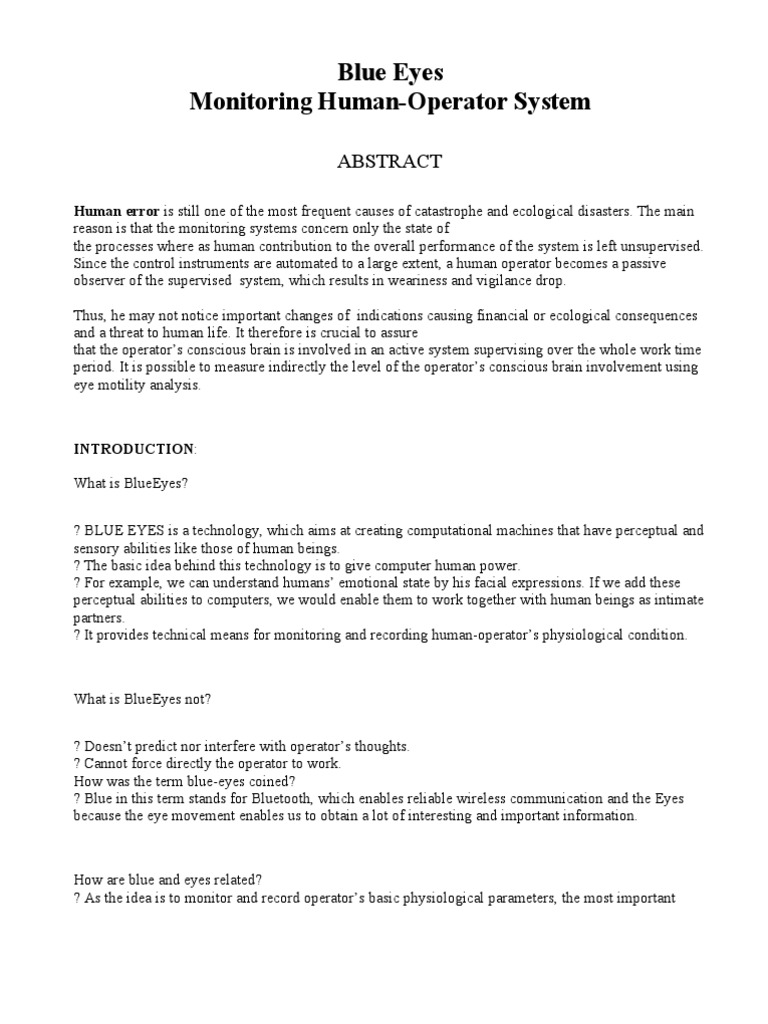 BLUE EYES TECHNOLOGY - Abstract | PDF | Data Acquisition | Perception