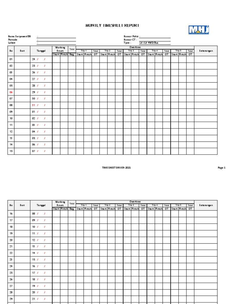 Time Sheet Driver-2021 | PDF