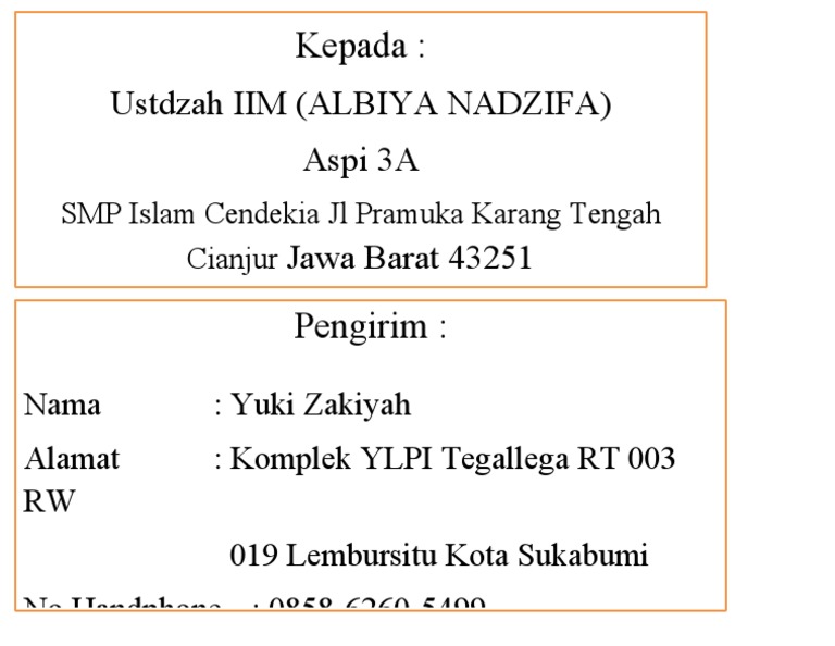 Kepada:: Ustdzah Iim (Albiya Nadzifa) Aspi 3A Jawa Barat 43251 | PDF