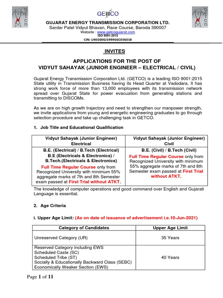 Advertisement For VSJE (Electrical & Civil) - 2021 | PDF | Electric ...