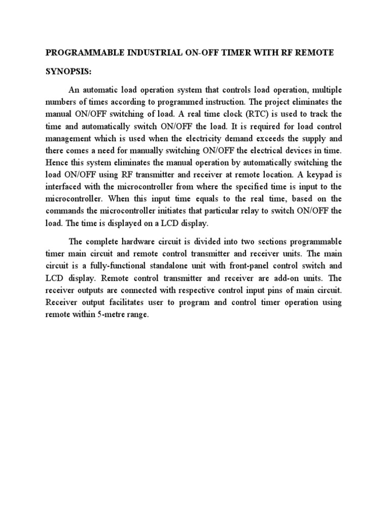 Programmable Industrial On-Off Timer With RF Remote Synopsis | PDF