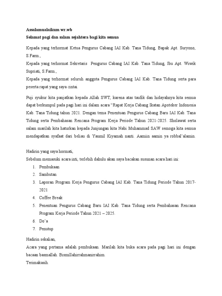 Naskah MC Rapat Kerja IAI Tana Tidung | PDF | Karier & Perkembangan