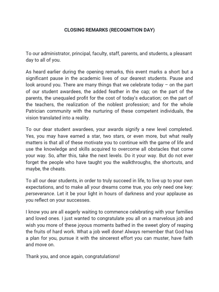 Closing Remarks (Recognition Day) : Perseverance. Let It Be Your Light ...