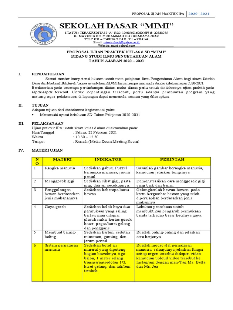 Proposal Ujian Praktek Kelas 6 SD Ipa | PDF