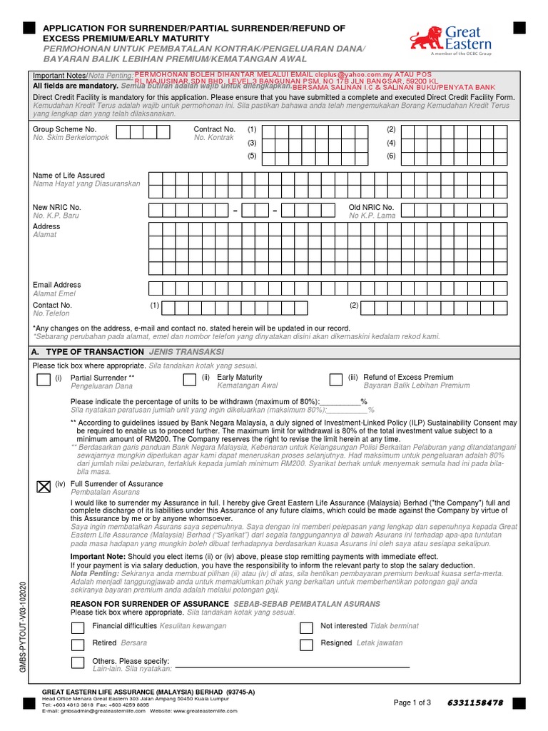 APPLICATION FOR SURRENDER OR PARTIAL WITHDRAWAL | PDF