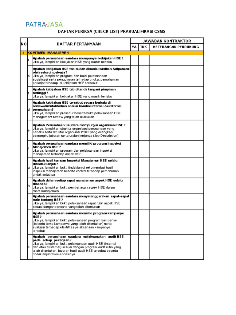Form Checklist Prakualifikasi CSMS | PDF