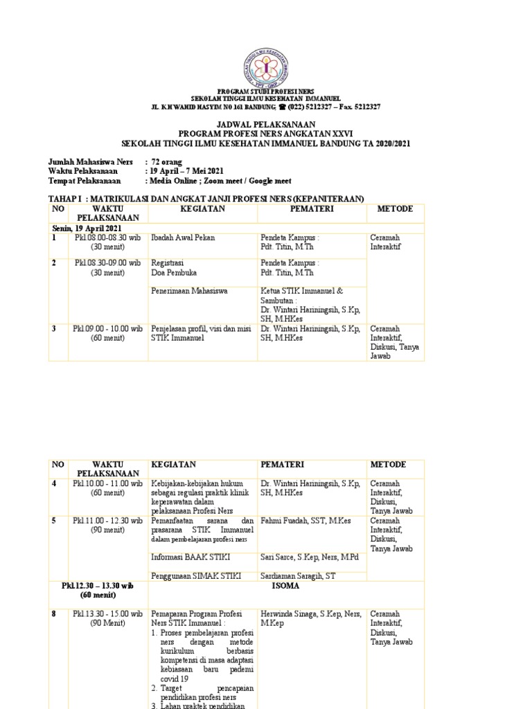 Jadwal Program Profesi Ners STIK Immanuel 2021 | PDF