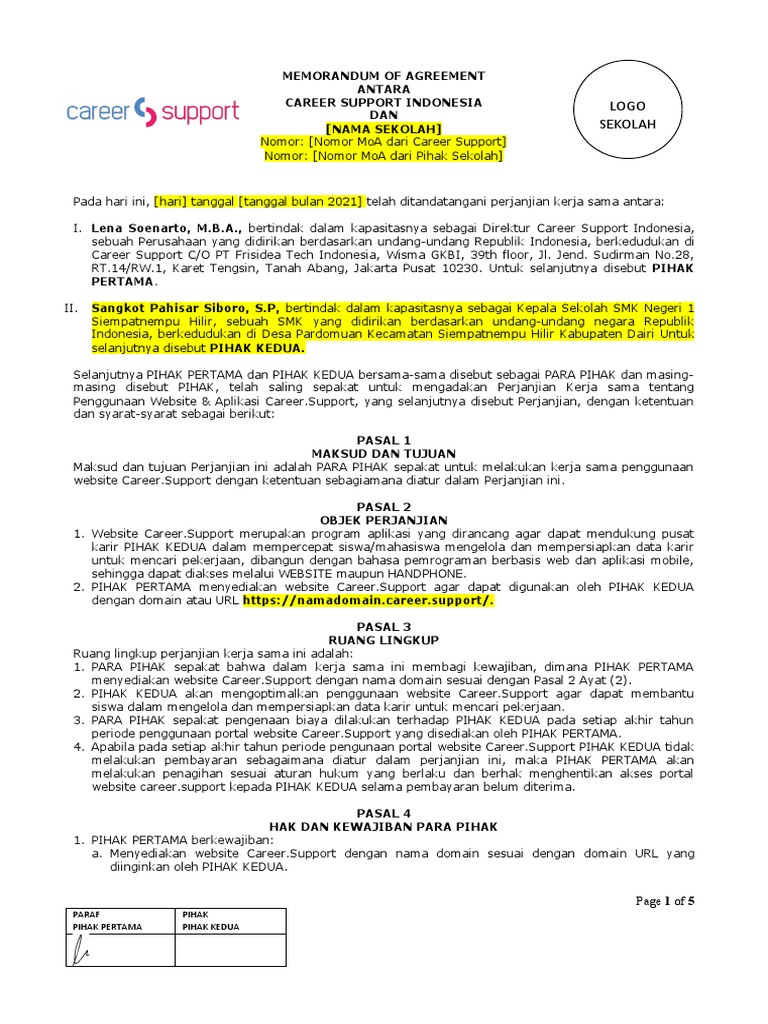 Rev V.16 - Draft Perjanjian Kerjasama Career Support | PDF
