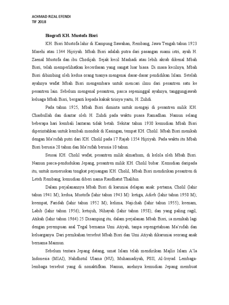 Biografi KH. Mustofa Bisri: Achmad Rizal Efendi TIF 2018 | PDF | Ilmu Sosial | Sejarah