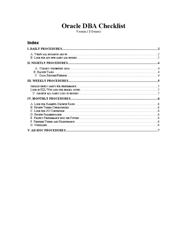 Oracle DBA Checklist | Oracle Database | Backup Oracle DBA Checklist | Oracle Database | Backup