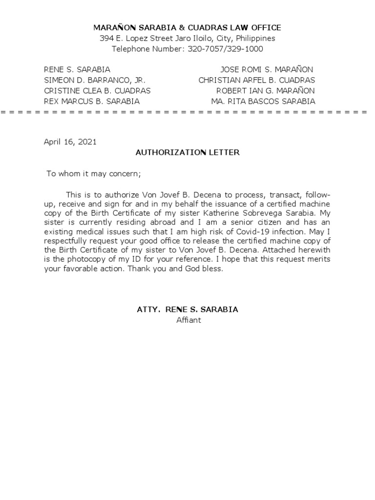 Authorization Letter Atty. Rene | PDF | Law