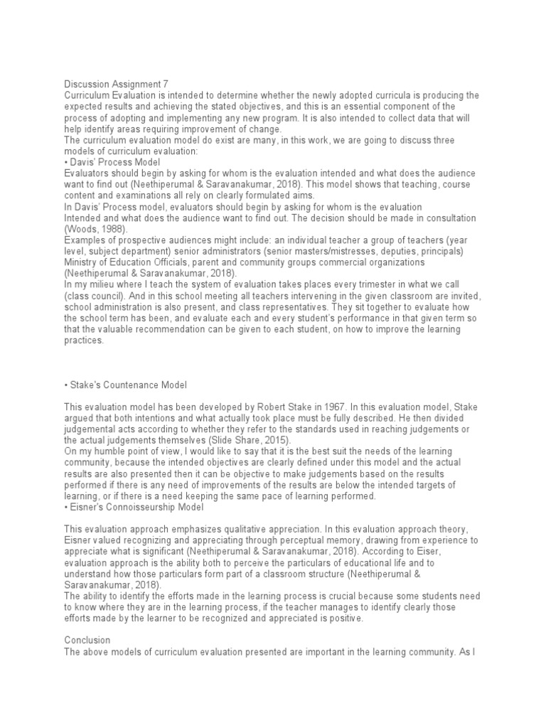 Comparing Three Models of Curriculum Evaluation: Davis' Process Model ...