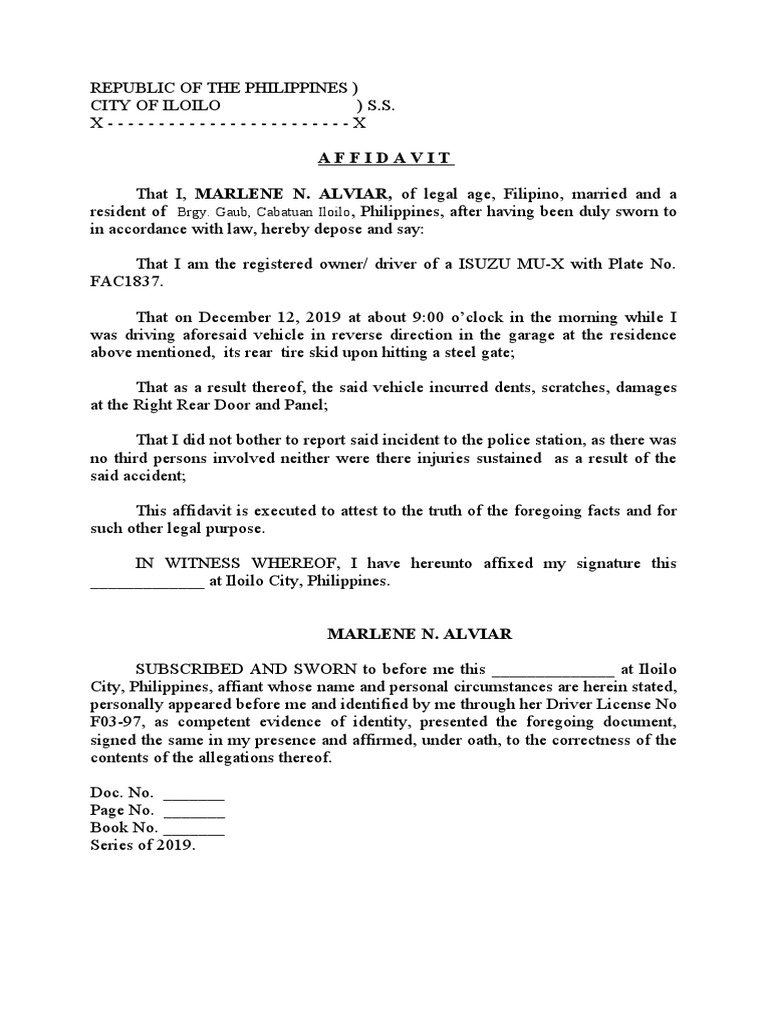 Affidavit - CAR - Accident - Marlene Alviar | PDF | Law