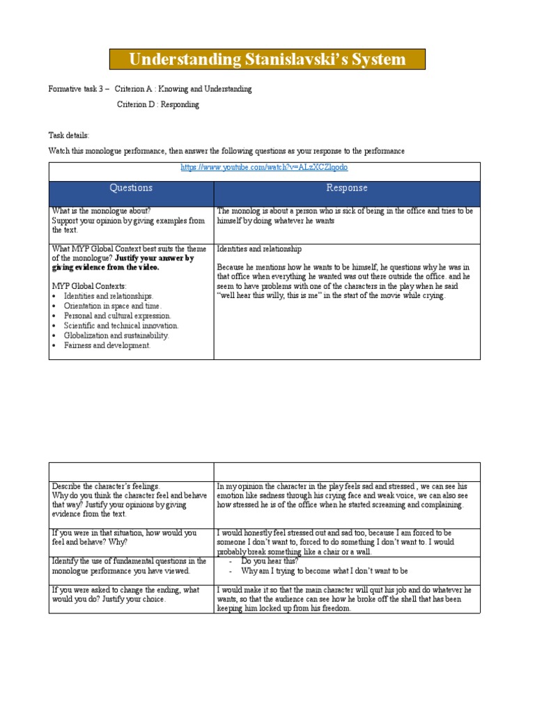 Understanding Stanislavski's System: Questions Response | PDF | Feeling ...