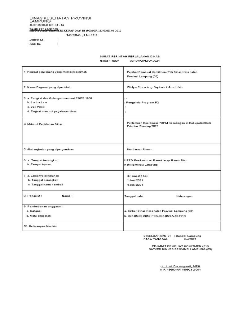 Contoh SPPD Depan Peserta Stunting Kecacingan-Dikonversi | PDF
