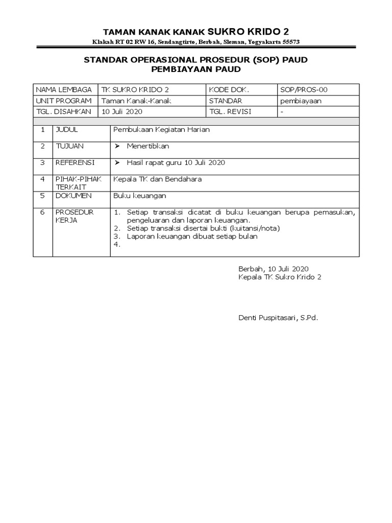 SOP PAUD Pembiayaan Paud | PDF
